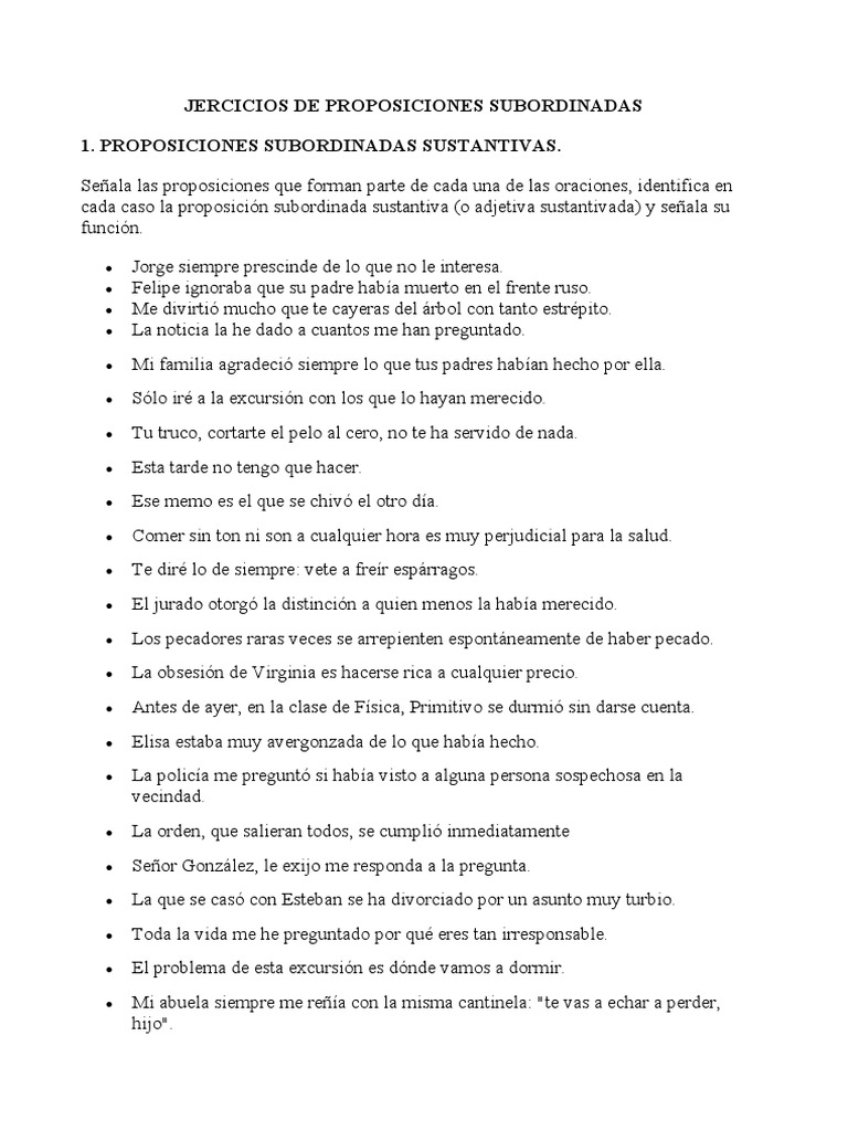 Ejercicios de Proposiciones Subordinadas de Todo Tipo | PDF