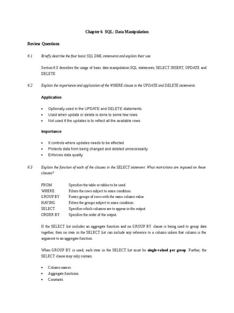 Chapter 6 SQL: Data Manipulation Review Questions: Application | PDF | Sql | Computer Data