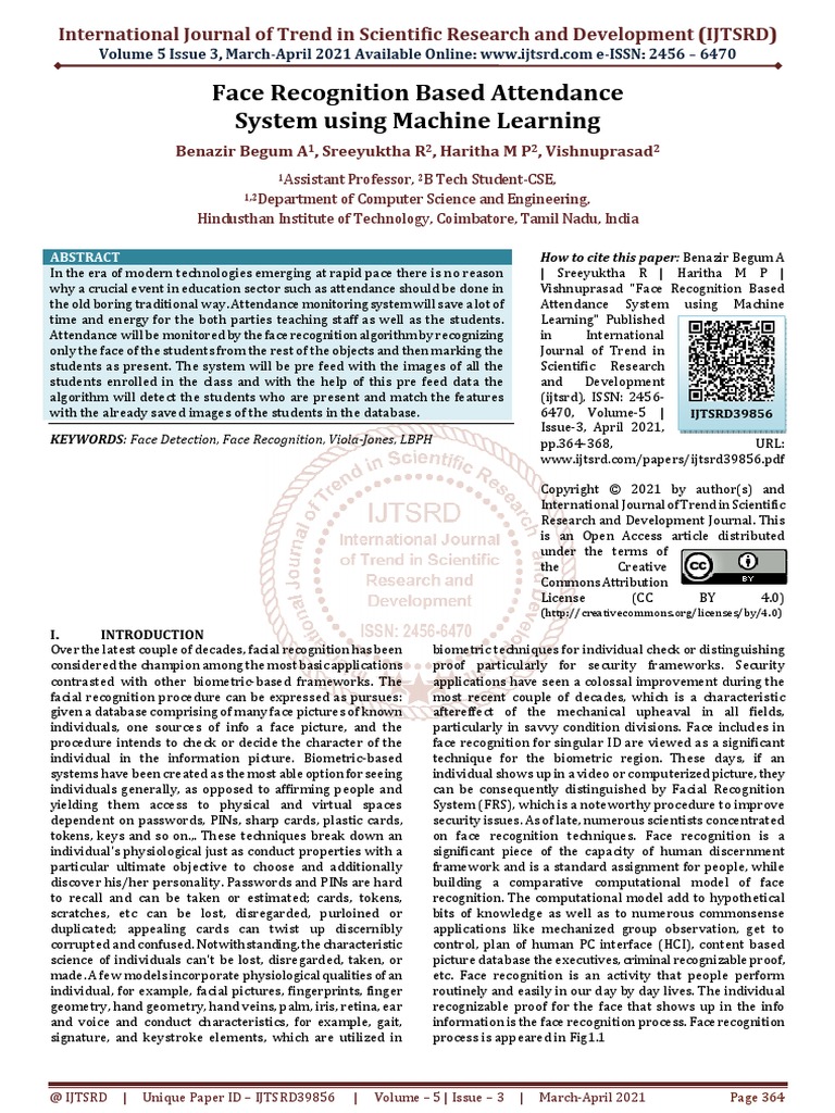 Face Recognition Based Attendance System Using Machine Learning | PDF ...