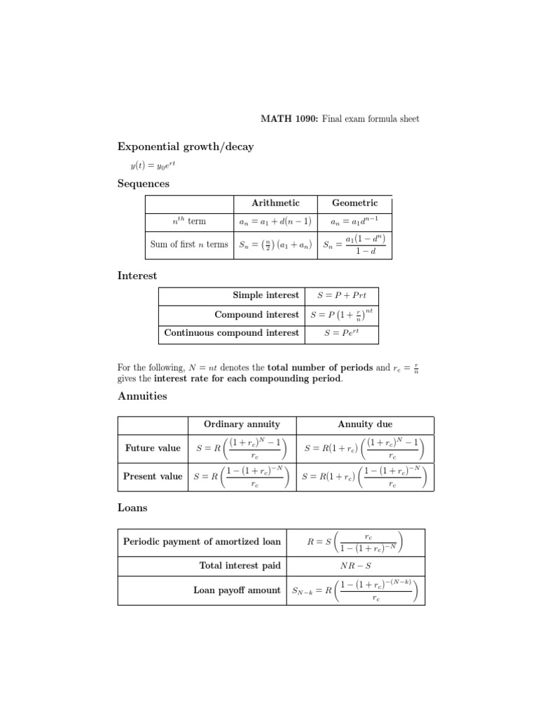 MATH 1090: Final Exam Review Sheet | PDF | Compound Interest | Interest