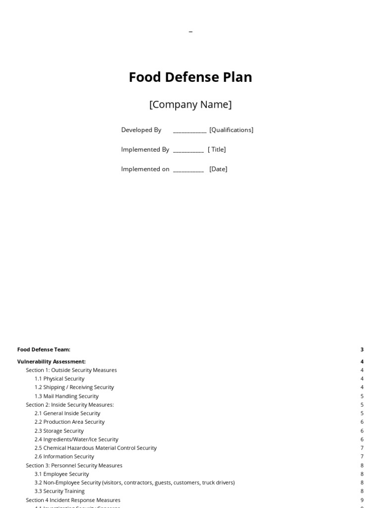 Food Defense Plan Template | PDF | Vulnerability (Computing) | Physical ...
