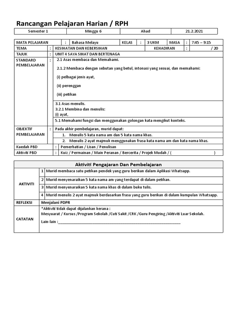 RPH PDPR 2021 Bahasa Melayu Tahun 3 UKM Minggu 6 | PDF