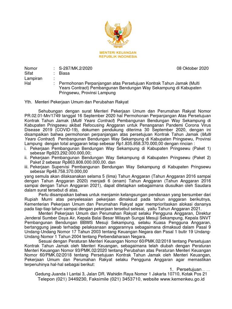 S 287 MK 2 2020 Persetujuan Atas Perpanjangan MYC Pembangunan Bendungan Way Sekampung | PDF