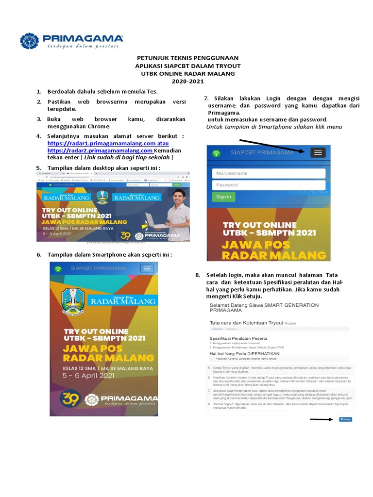 Petunjuk Cara Akses SIAP CBT TryOut Radar Malang Dan Primagama Malang ...