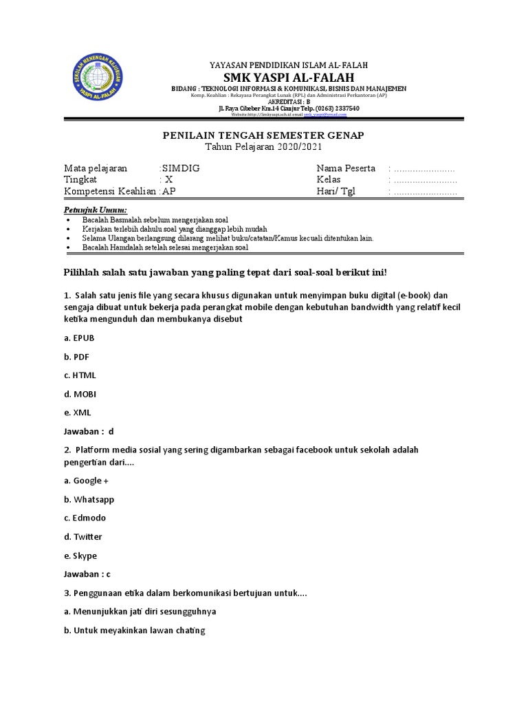 Soal PTS Simdig X RPL, Otkp | PDF