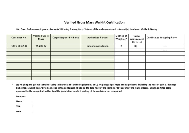 Verified Gross Mass Weight Certification | PDF | Cargo | Weight
