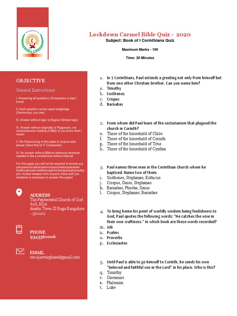 1 Corinthians Quiz Questions | PDF | First Epistle To The Corinthians ...