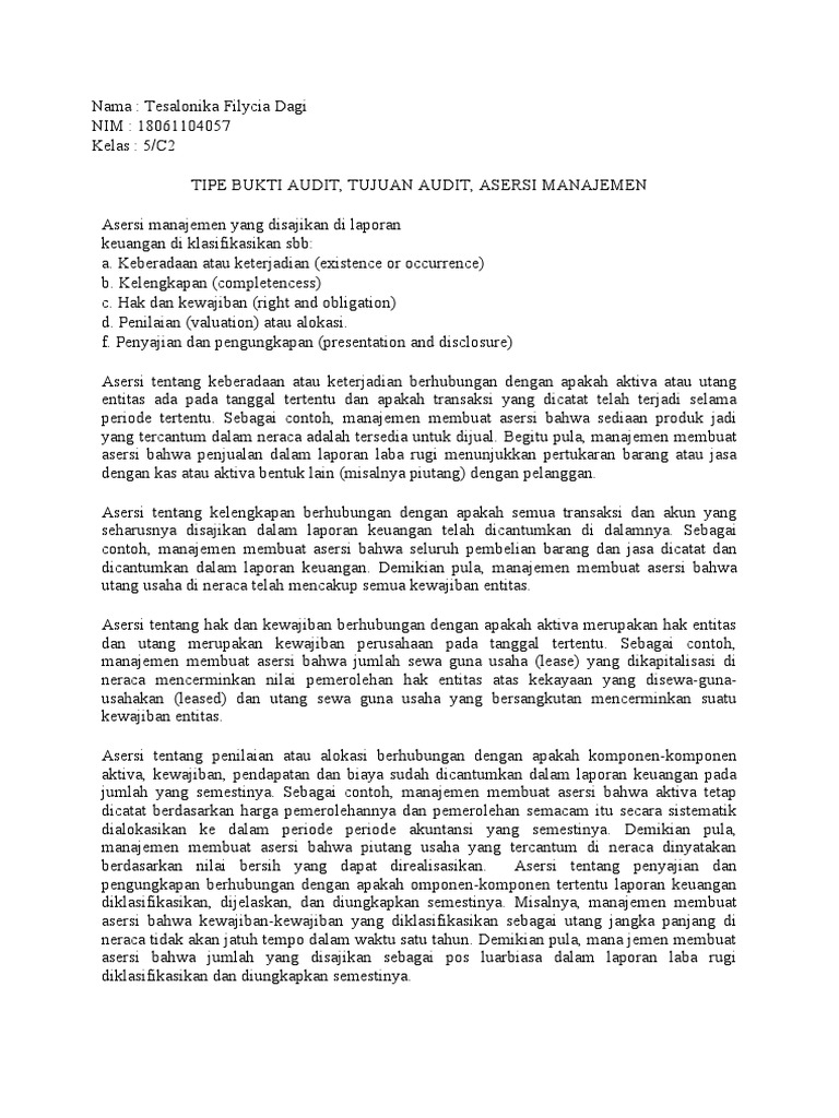 Auditing 1 (Asersi, Tujuan, Bukti Tipe Audit) | PDF