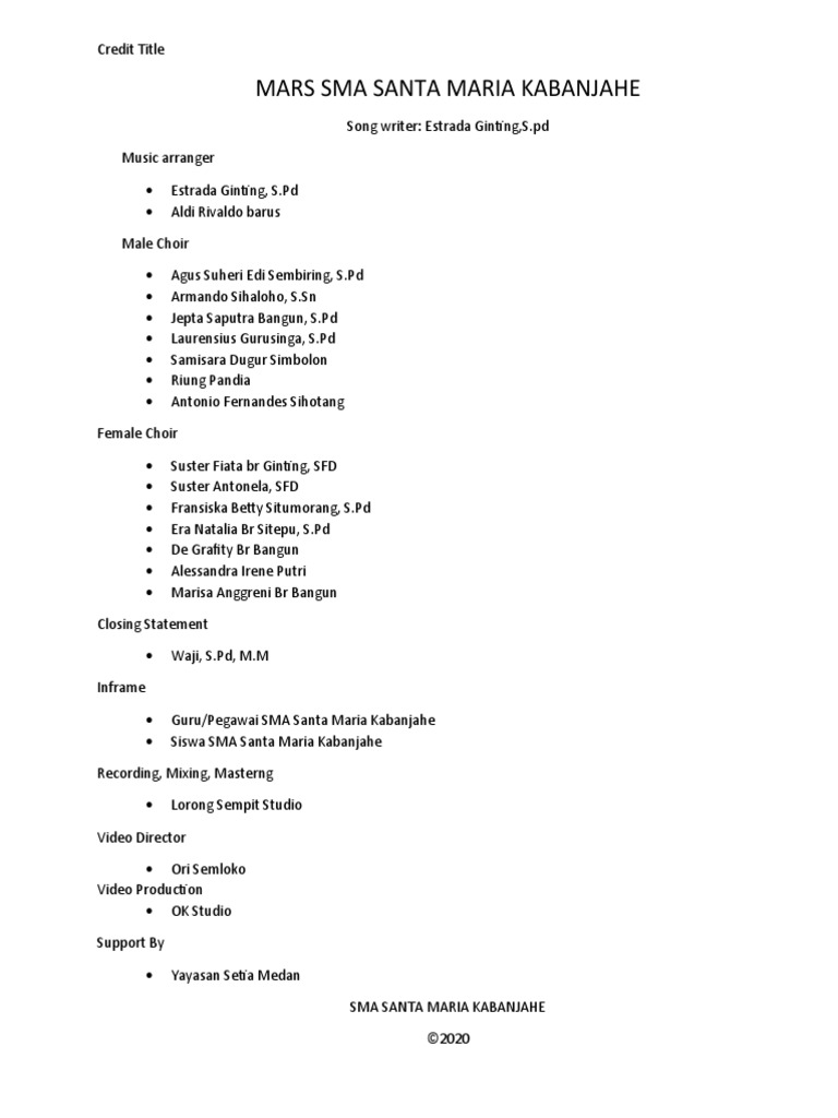 Credit Title Sma Santa Maria Kabanjahe | PDF