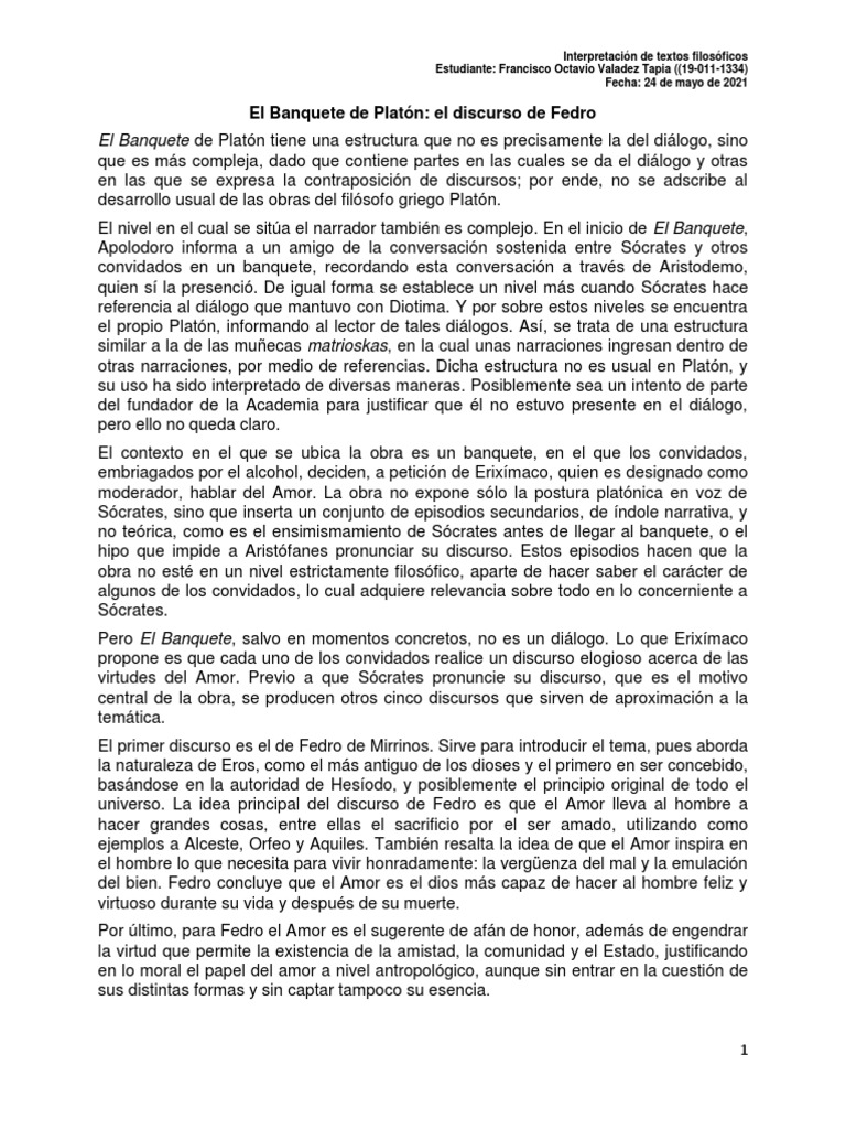 El Banquete de Platón Fedro | PDF | Simposio (Platón) | Platón