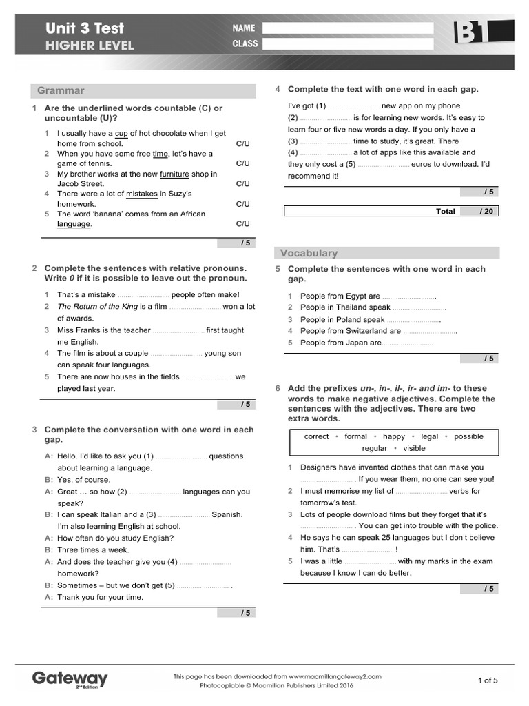B1 UNIT 3 Test Higher | PDF | English Language | Language Mechanics