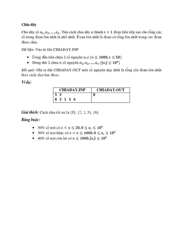 Chia dãy: Dữ liệu: Vào từ file CHIADAY.INP | PDF
