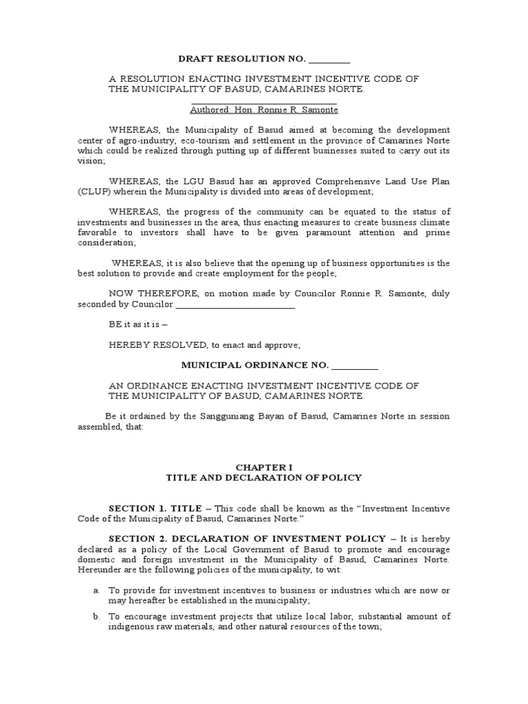 Basud Investment Incentive Code Draft | PDF | Taxes | Incentive