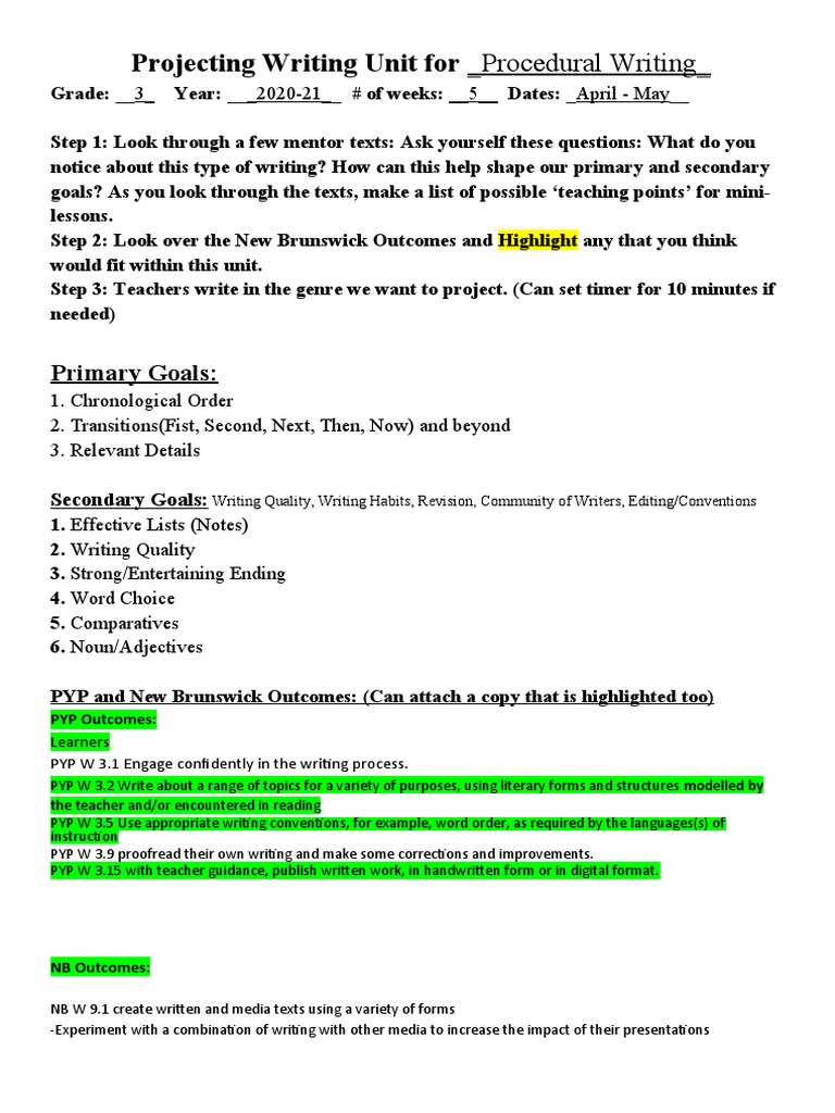 Grade 3 Procedural Writing Unit Plan | PDF | Communication | Human ...