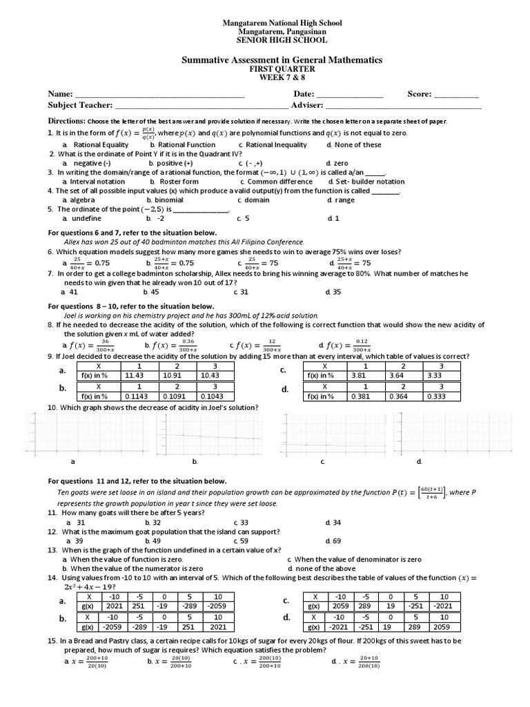 Summative Assessment in General Mathematics | PDF | Function ...