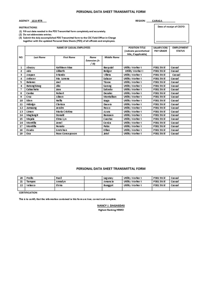 PDS Transmittal Casual Employee Form | PDF | Labour | Business