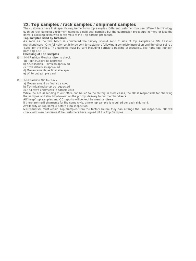 Top Samples / Rack Samples / Shipment Samples | PDF