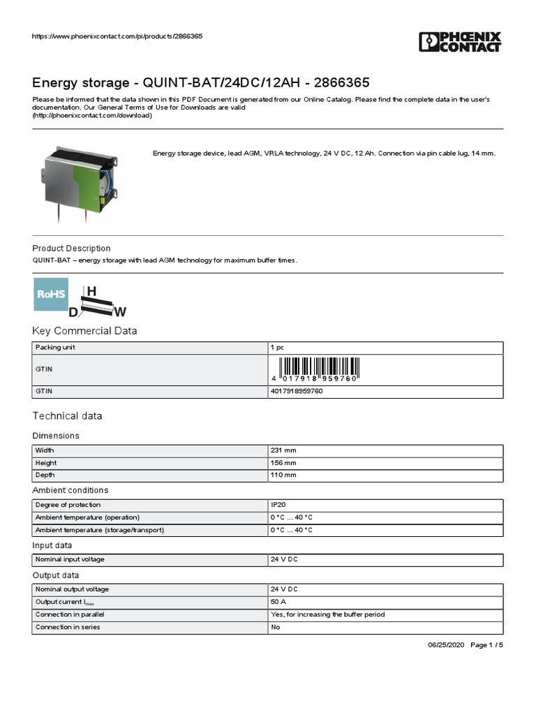 Energy Storage - QUINT-BAT/24DC/12AH - 2866365: Key Commercial Data ...