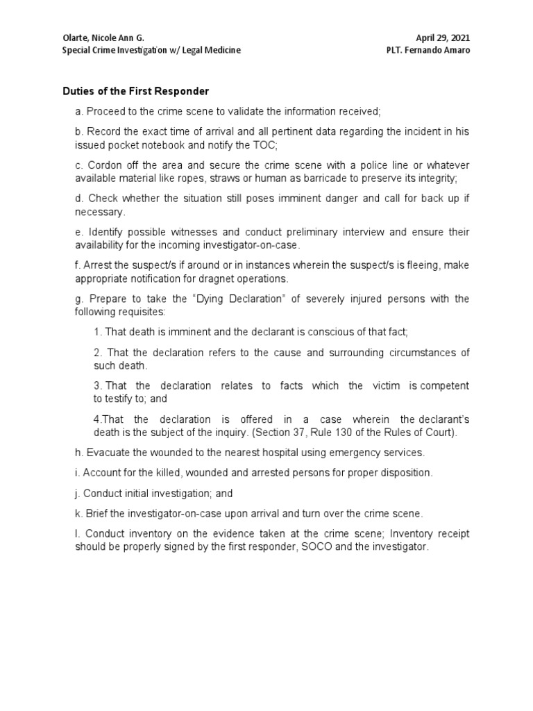 Duties of The First Responder | PDF | Crime Scene | Common Law