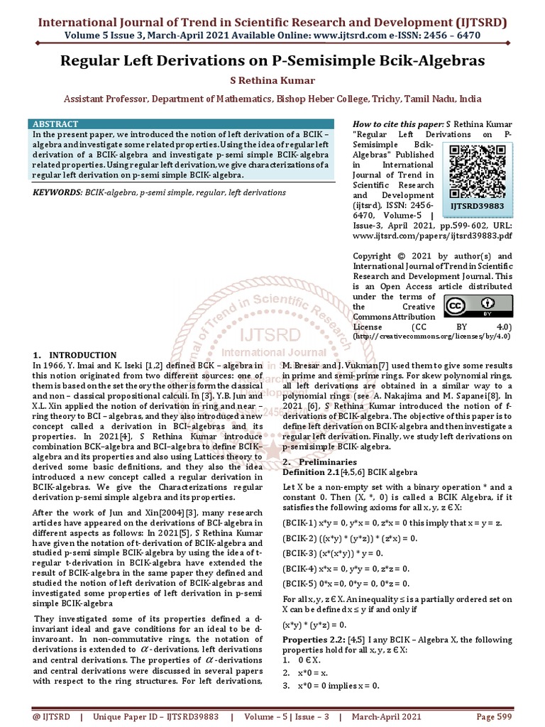 Regular Left Derivations On P Semisimple Bcik Algebras | PDF | Ring ...