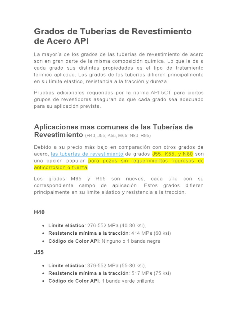 Grados de Tuberías API 5CT | PDF | Revestimiento | Tubería (transporte ...