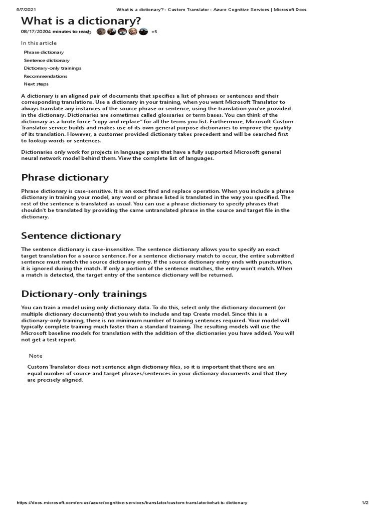 What Is A Dictionary - Custom Translator - Azure Cognitive Services ...