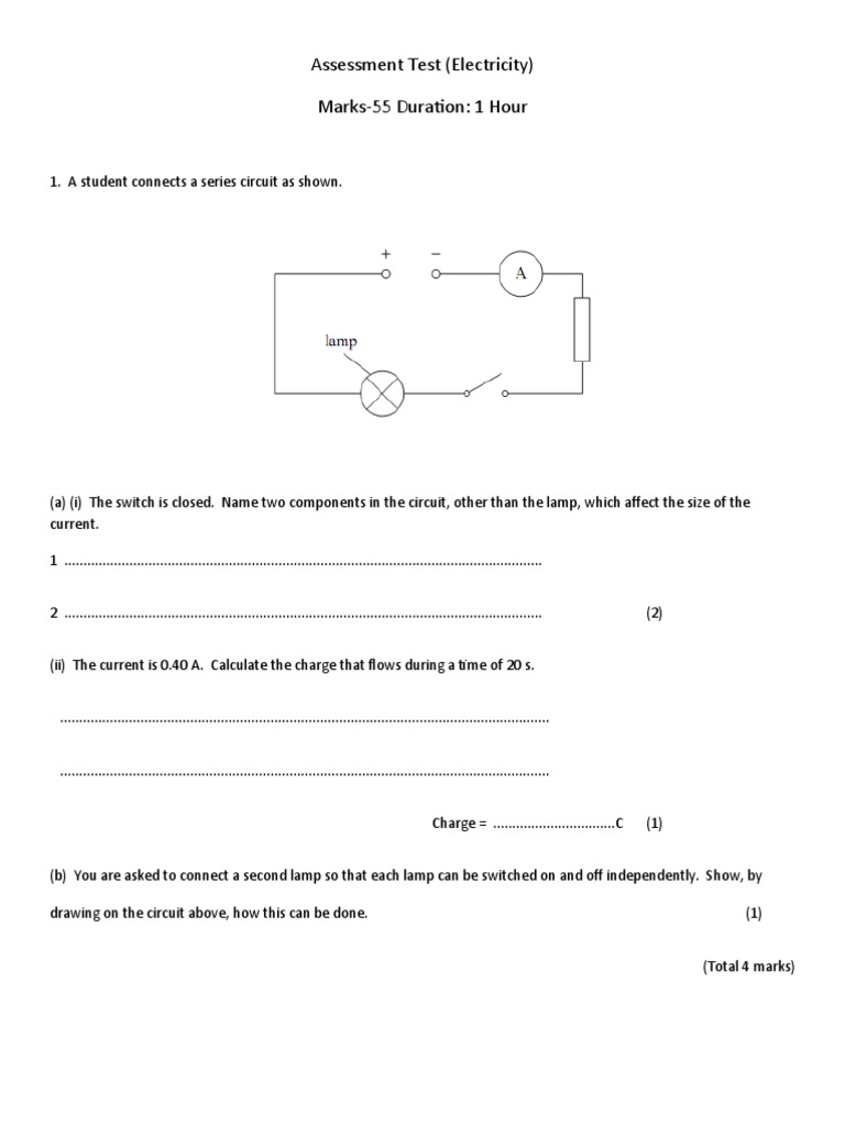 Assessment Test (Electricity) Marks-55 Duration: 1 Hour | PDF | Mains ...