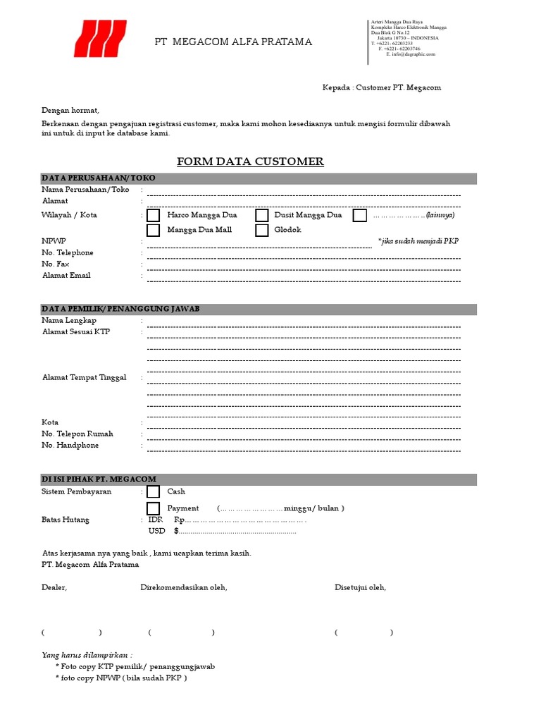 Form Pengajuan New Customer PT. MGC | PDF
