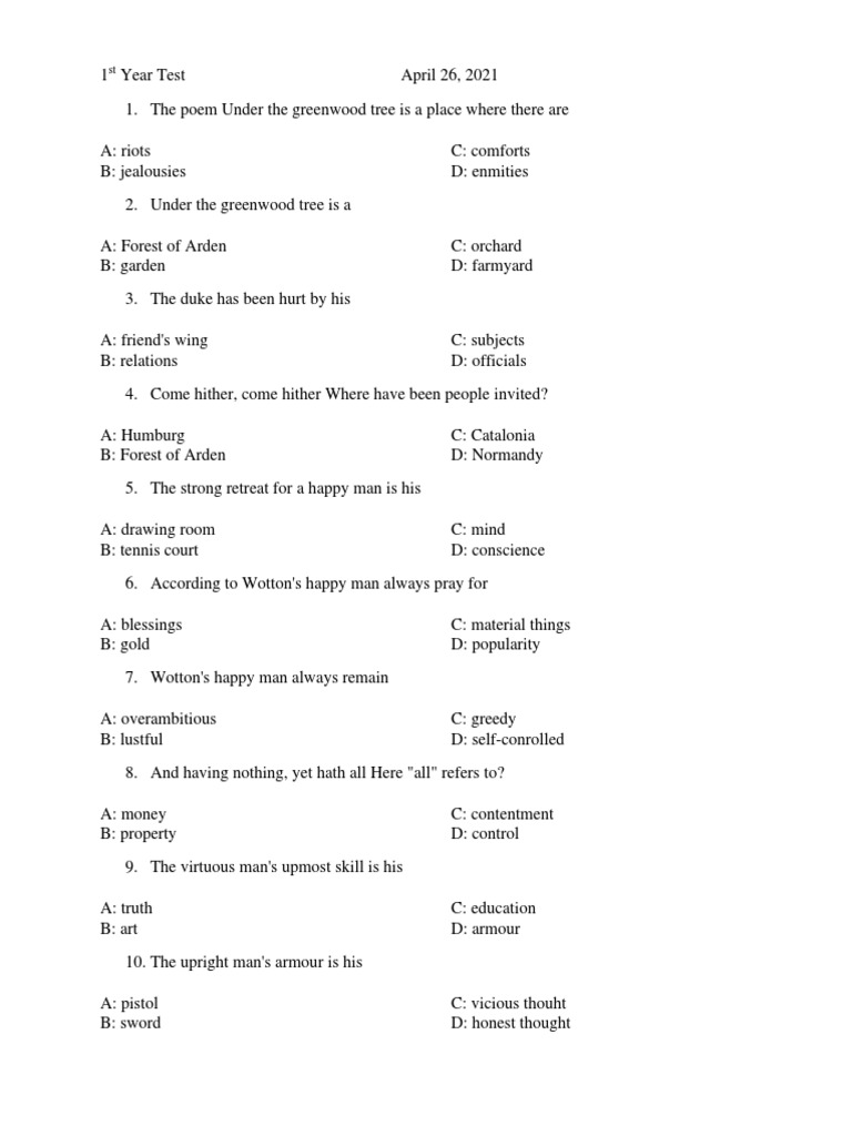 1st Year Test Mcqs | PDF | Poetry
