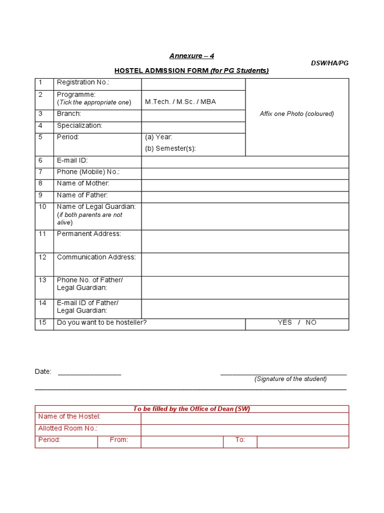 Annexure 4 (Hostel Admission Form) | PDF