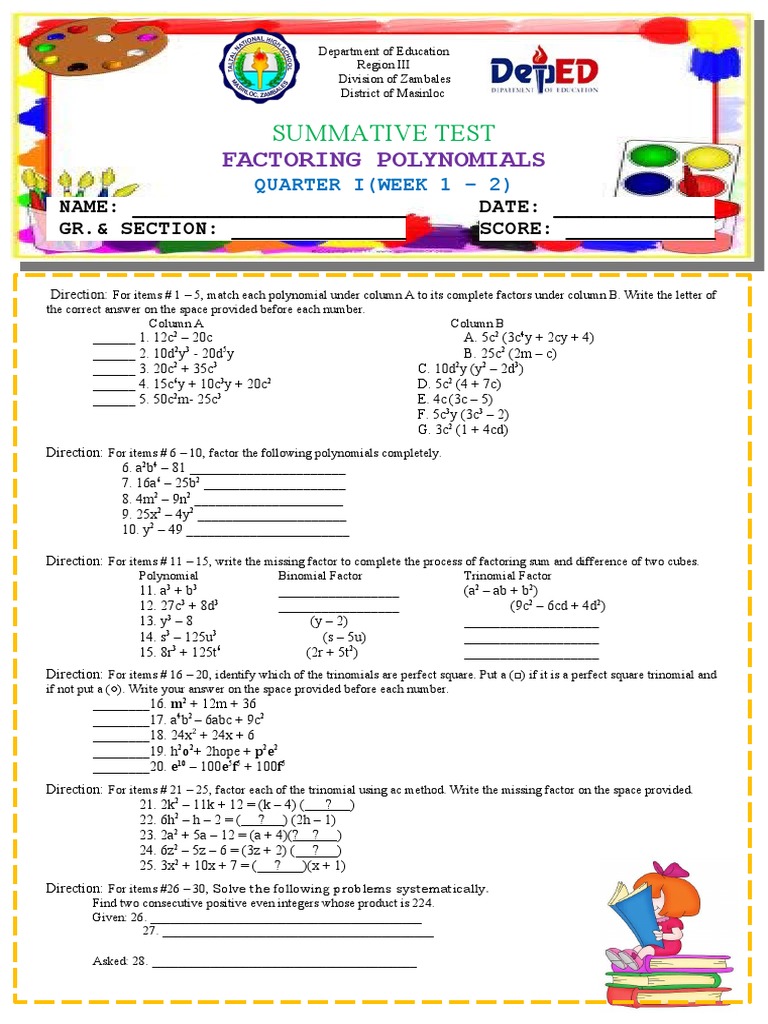 Factoring Polynomials: Summative Test | PDF | Mathematical Analysis ...