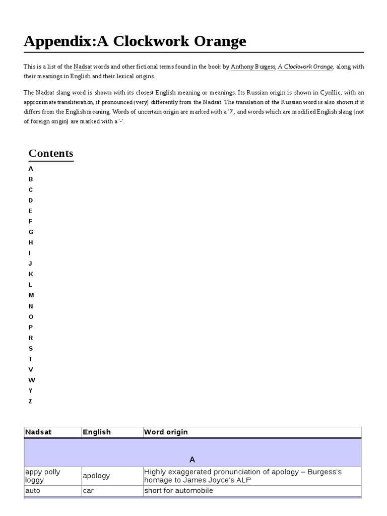 Nadsat Vocabulary from A Clockwork Orange | PDF | Language Arts ...