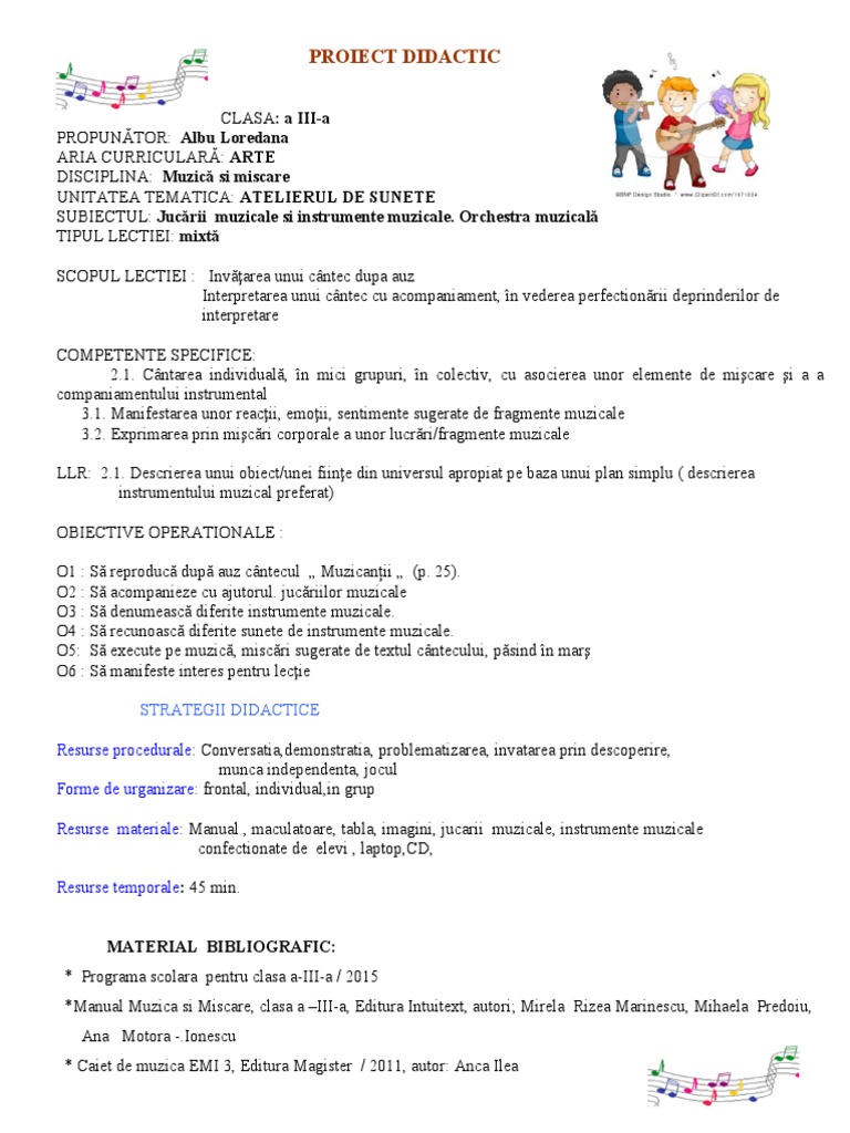 Proiect Didactic Muzica Si Miscare | PDF