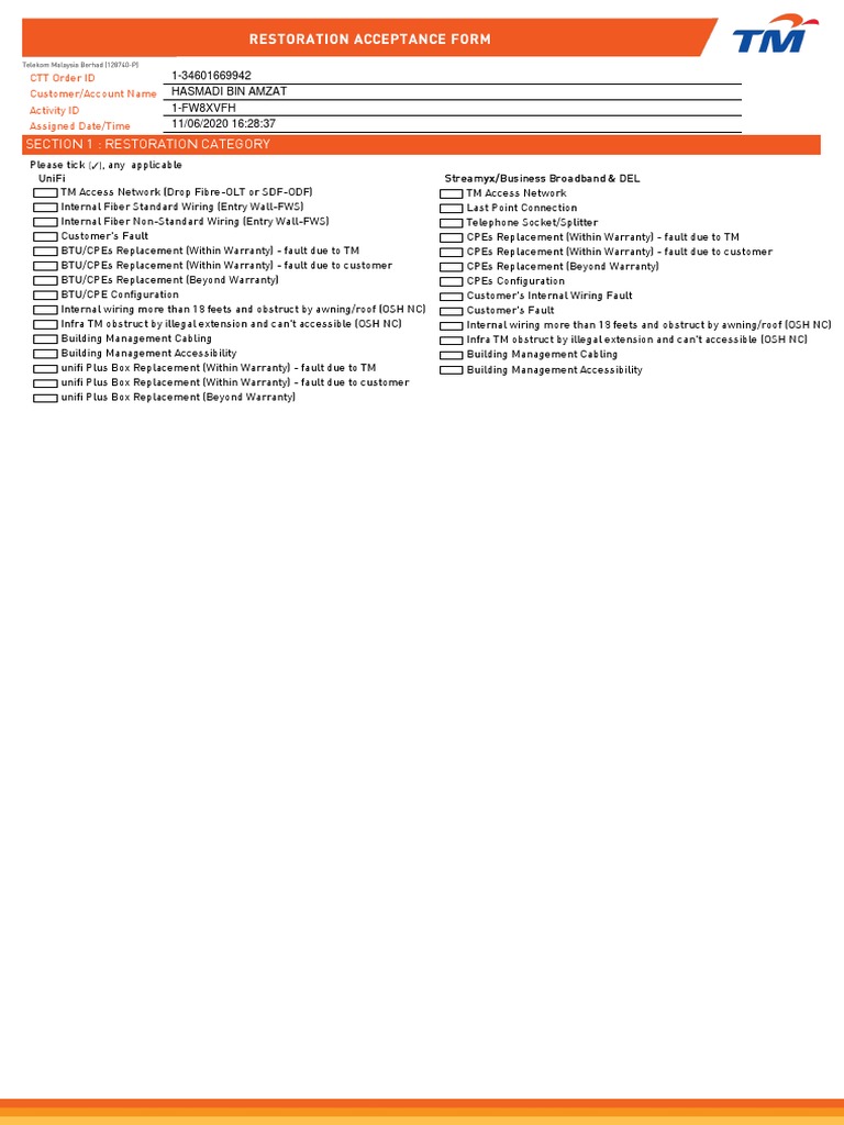 TM Form | Download Free PDF | Customer Premises Equipment ...