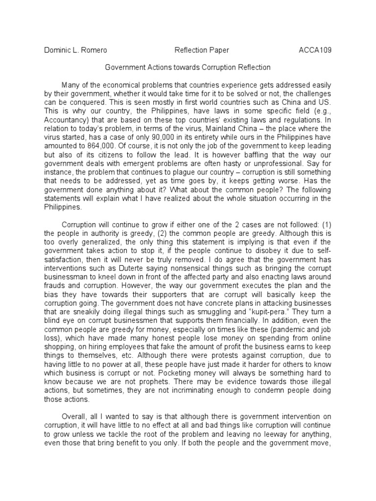 Government Actions Against Corruption Reflection Paper | PDF ...