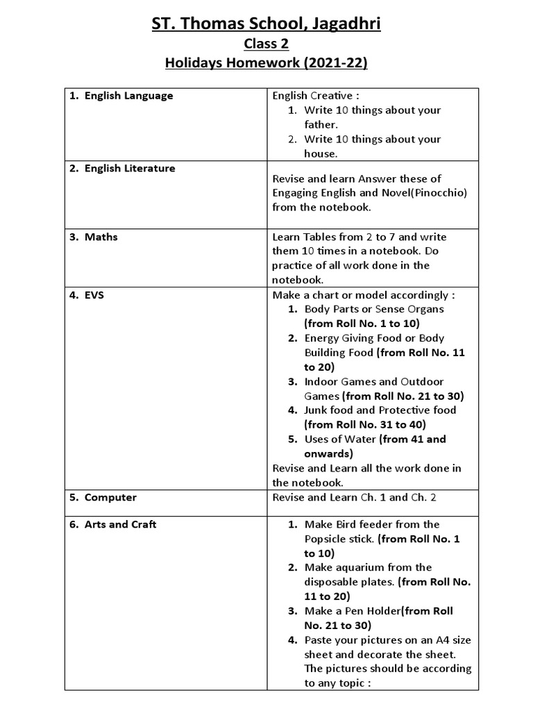 Class 2 Holidays Homework | PDF