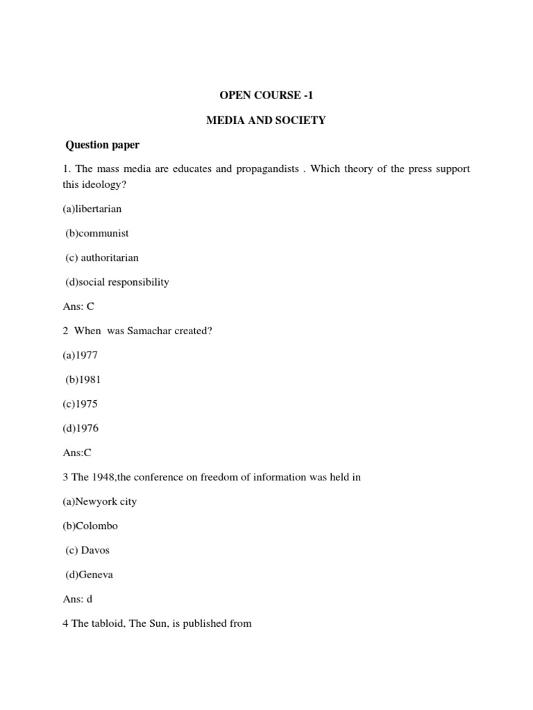 Open Course - 1 Media and Society Question Paper | PDF | News ...