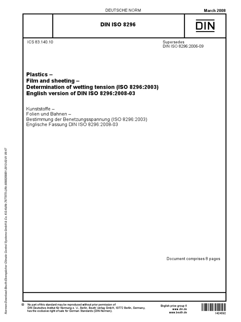 DIN ISO 8296 en - 2008-03 | PDF | Wetting | International Organization ...