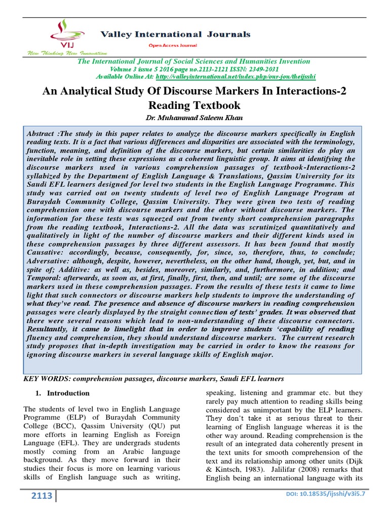An Analytical Study of Discourse Markers in Interactions-2 Reading Textbook | PDF | Reading ...