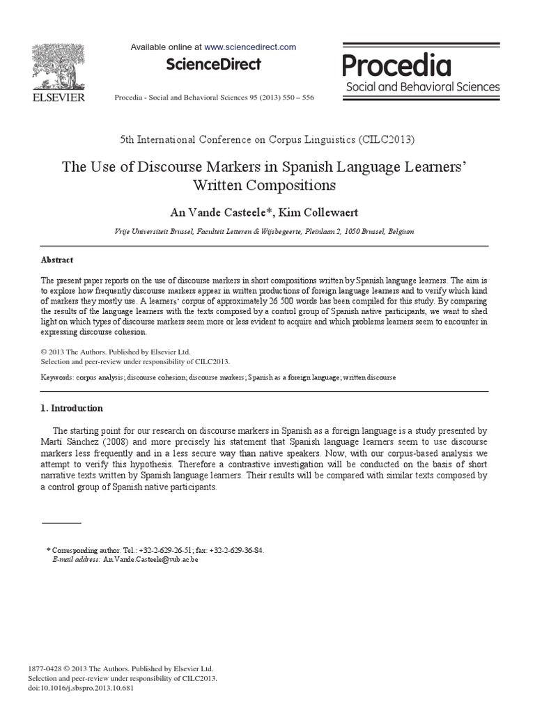 The Use of Discourse Markers in Spanish Language Learners Written Compositions | PDF | Discourse ...