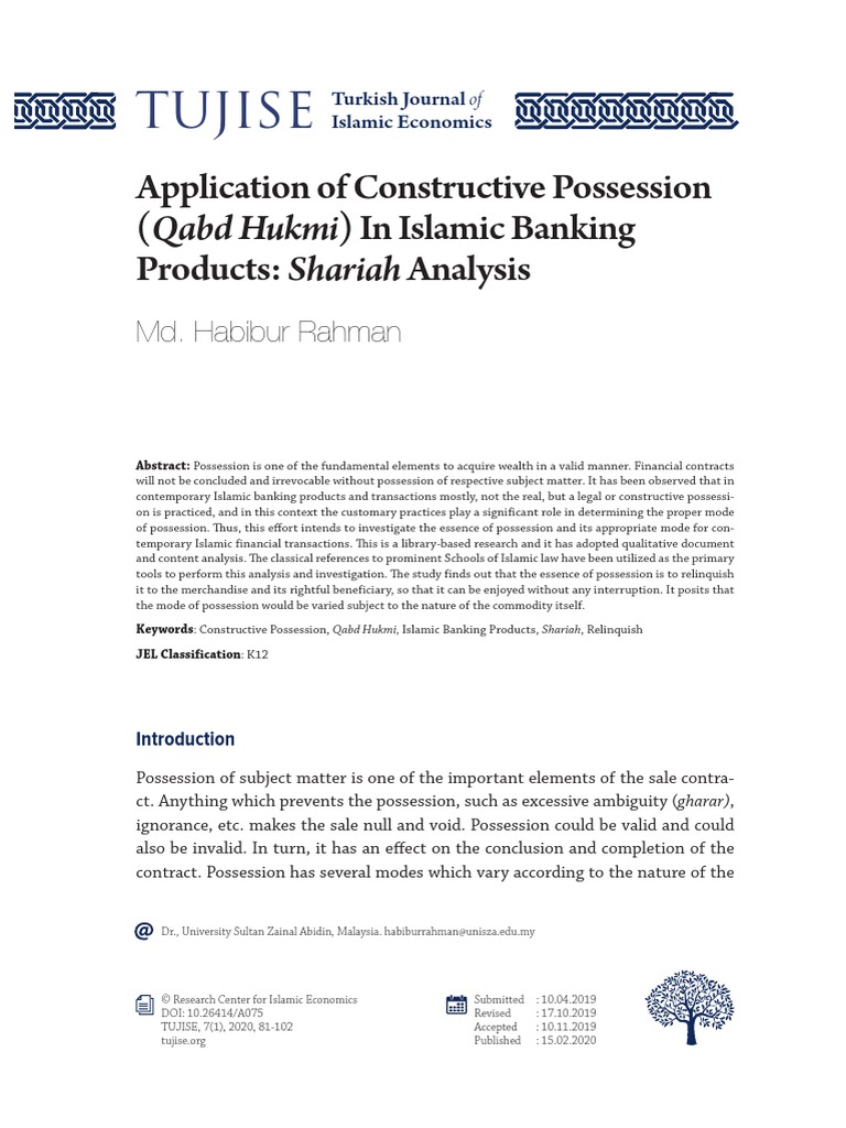 Application of Constructive Possession Qabd Hukmi | PDF | Islamic Banking And Finance | Banks