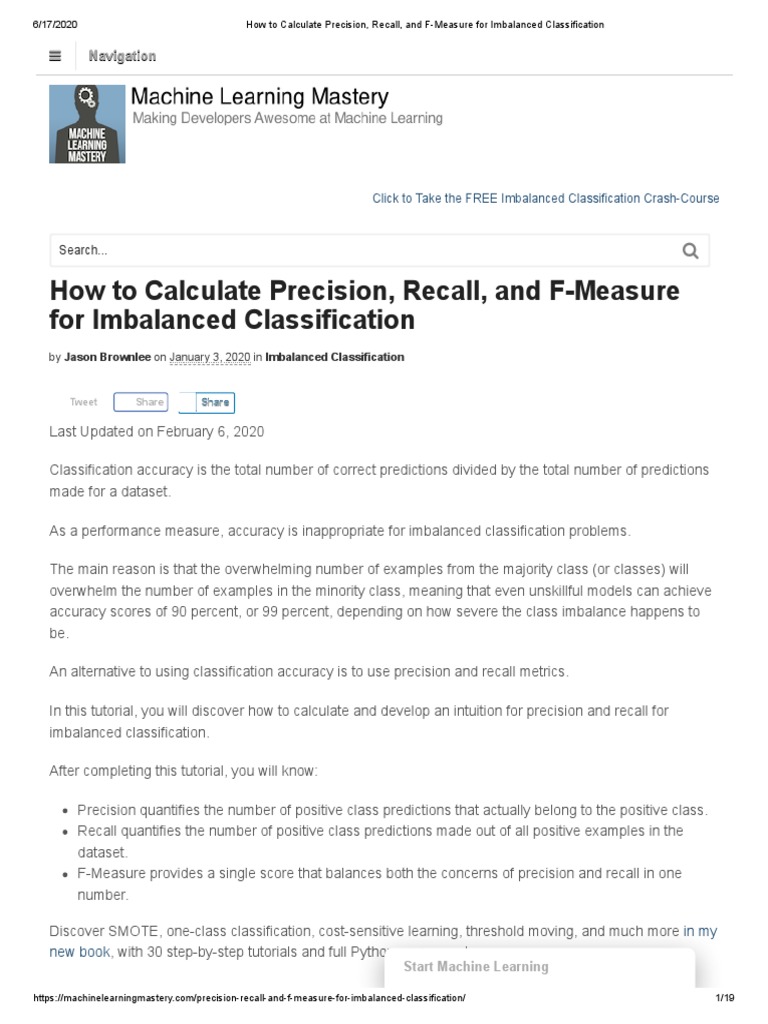 How To Calculate Precision, Recall, and F-Measure For Imbalanced Classification | PDF ...