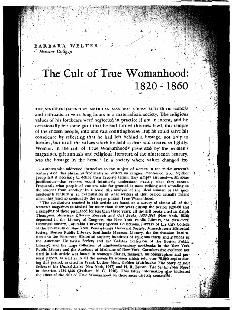 Barbara Welter - The Cult of True Womanhood, 1820-1860 | PDF | Virtue