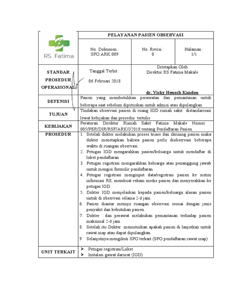 OBSERVATION OF PATIENTS STANDARD OPERATING PROCEDURE | PDF