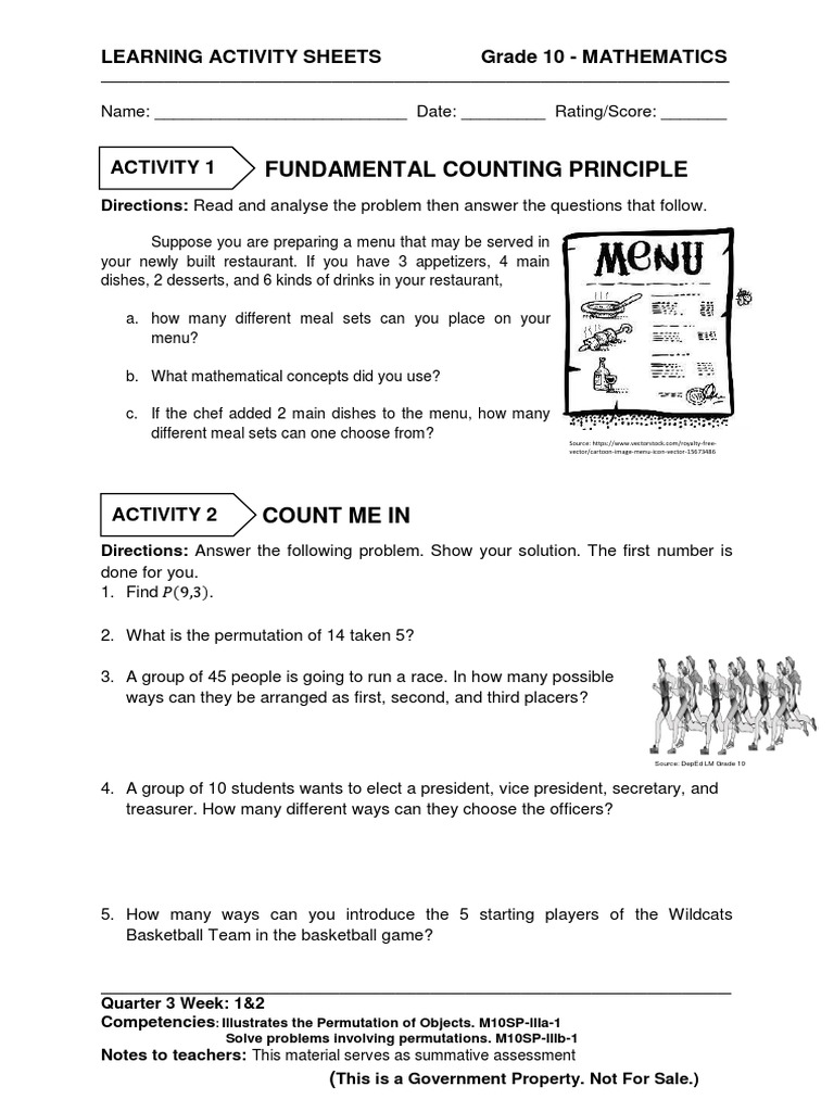 Fundamental Counting Principle: Learning Activity Sheets Grade 10 ...