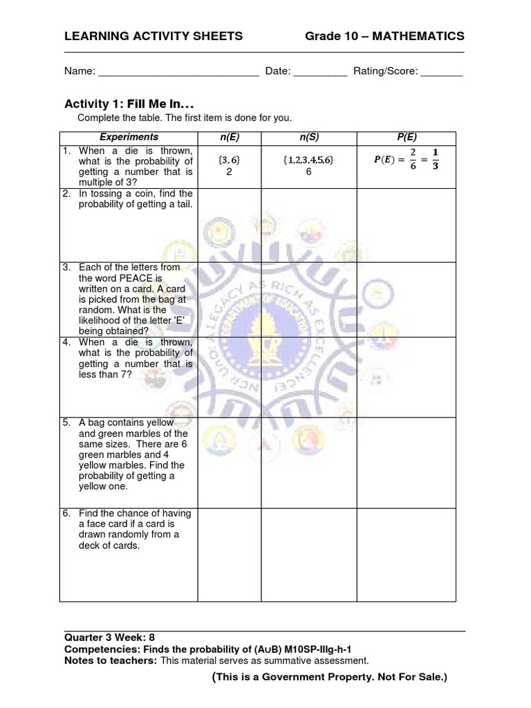 Learning Activity Sheets Grade 10 - Mathematics | PDF | Odds | Probability