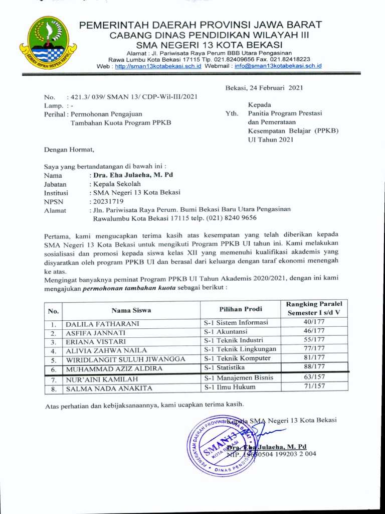 Pengajuan Kuota Tambahan PPKB UI - SMAN13 KotaBekasi | PDF