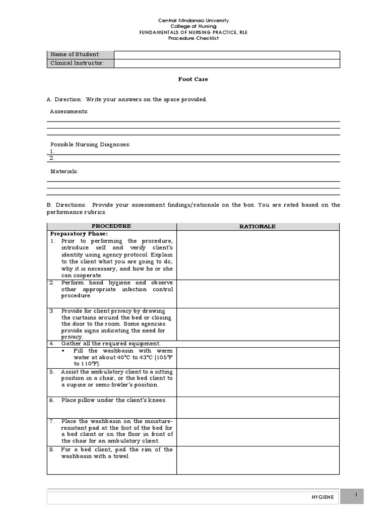 Foot Care Procedure Checklist | PDF | Nail (Anatomy) | Hygiene
