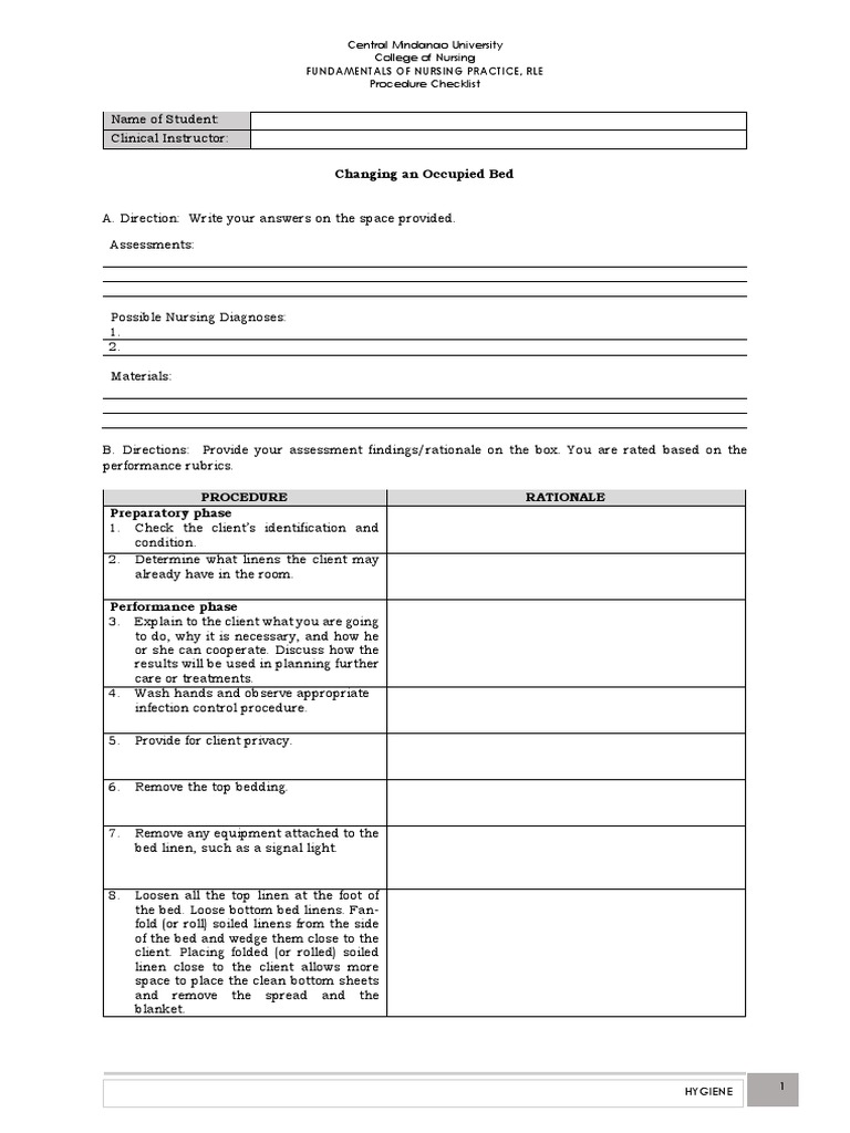 Changing An Occupied Bed Procedure Checklist | PDF | Bed | Bedding