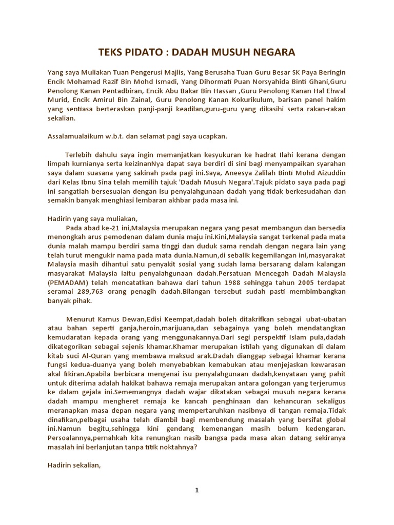 Teks Pidato Dadah Musuh Negara | PDF